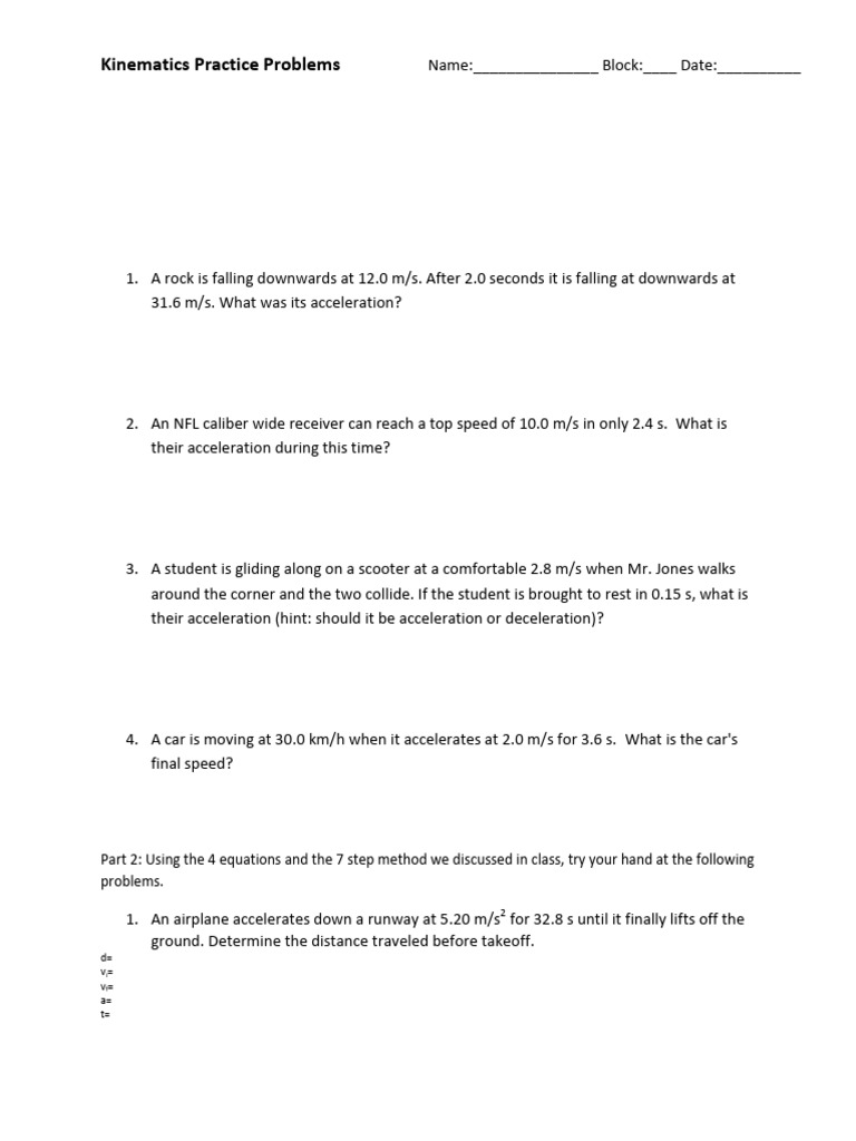 Kinematics Worksheet | PDF | Acceleration | Kinematics