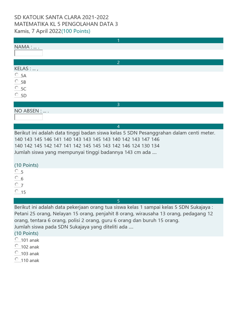 SOAL MAT, 7 APRIL 2022 Pengolahan Data | PDF