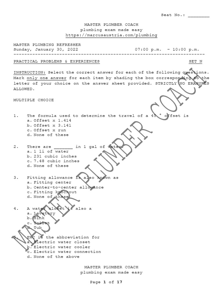 Master Plumber Exam Practice Questions | PDF | Plumbing | Materials