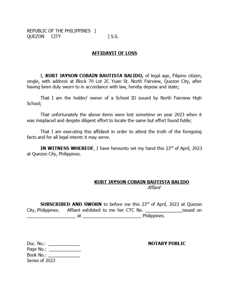 Affidavit of Loss School Id | PDF