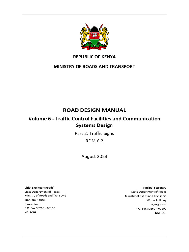 Kenya RDM Volume 6 Part 2 - Traffic Signs_2nd Draft_Rev 3-26-07-23 | PDF | Interchange (Road) | Road