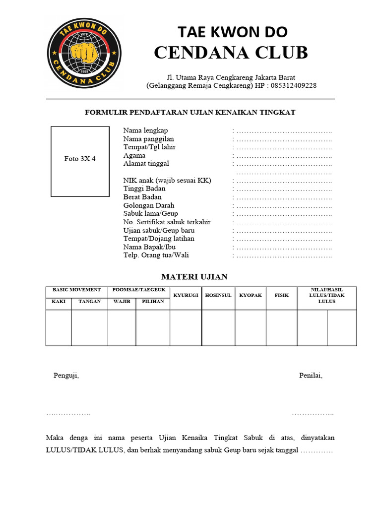 Formulir Pendaftaran Ujian Taekwondo | PDF
