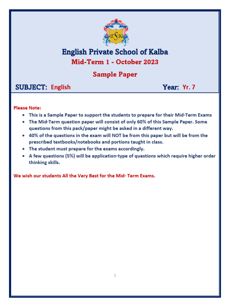 Y7 Sample Paper | PDF | Sentence (Linguistics) | Grammar