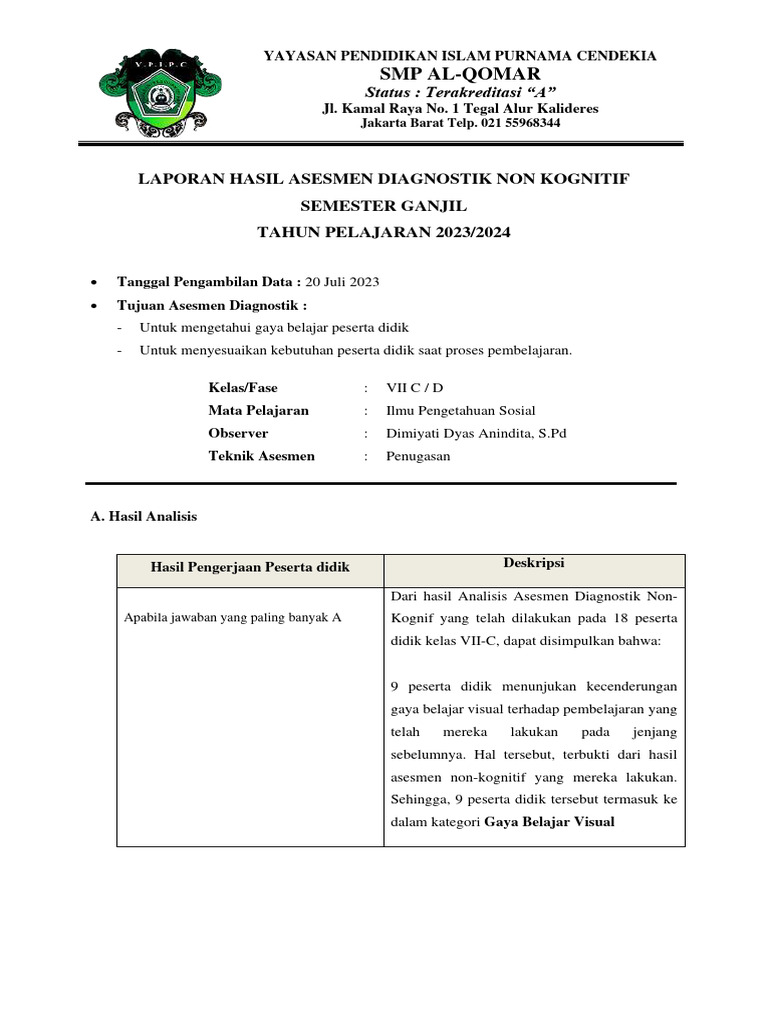 Analisis Asesmen Diagnostik 7c | PDF