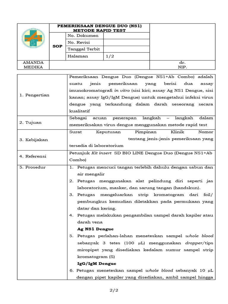 11. Sop Pemeriksaan Dengue Duo Ns1 | PDF