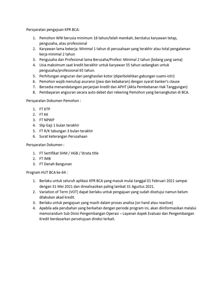 Persyaratan KPR BCA dan Program HUT | PDF