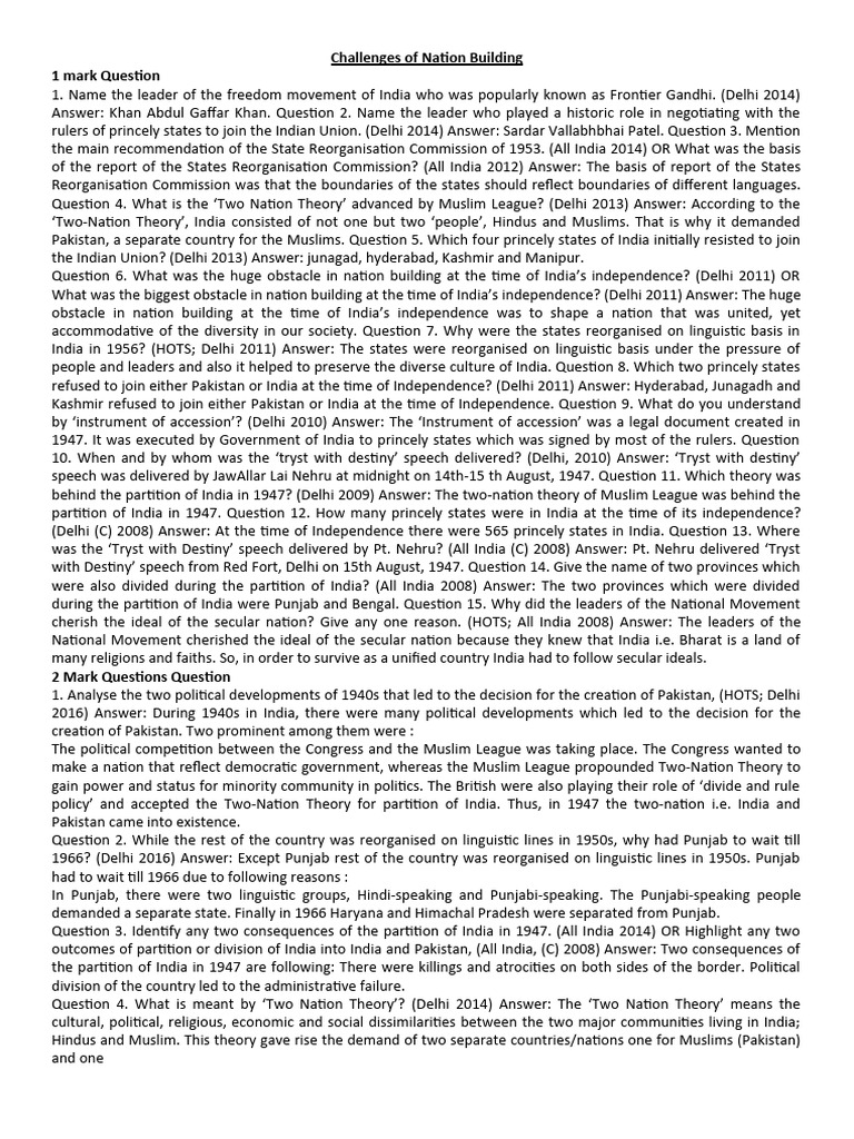 Challenges of Nation Building | PDF | Partition Of India | Two Nation ...
