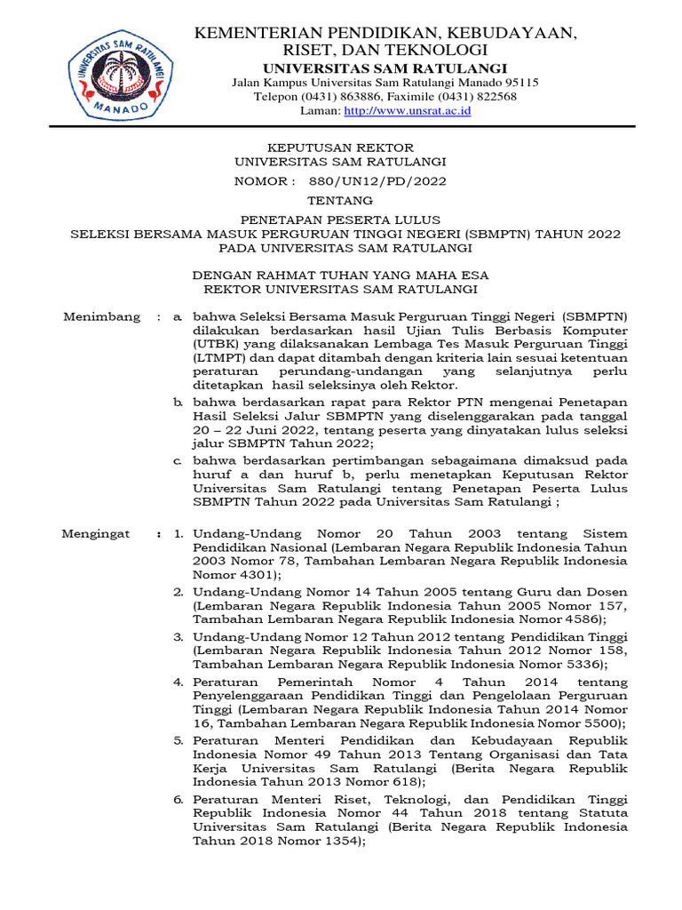 Hasil SBMPTN Unsrat 2022 | PDF