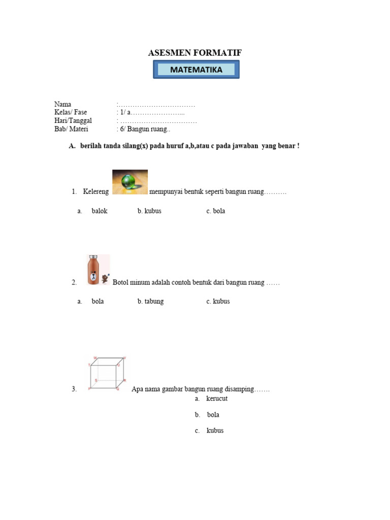 Contoh Soal Asesmen Formatif Materi Bangun Ruang Kelas 1 MTK | PDF