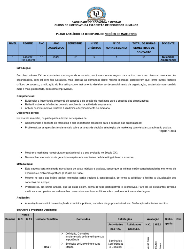 Plano Analitico - Nocoes de Marketing - Docente Sulemane Amarchande ... Plano Analitico - Nocoes de Marketing - Docente Sulemane Amarchande ...