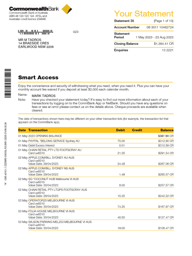 Commonwealth Bank Statement Summary | PDF | Debit Card | Pay Pal