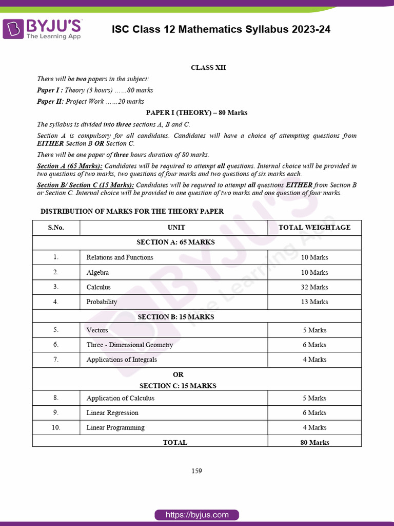 ISC Class 12 Mathematics Syllabus 2023 24 | PDF | Matrix (Mathematics) | Function (Mathematics)