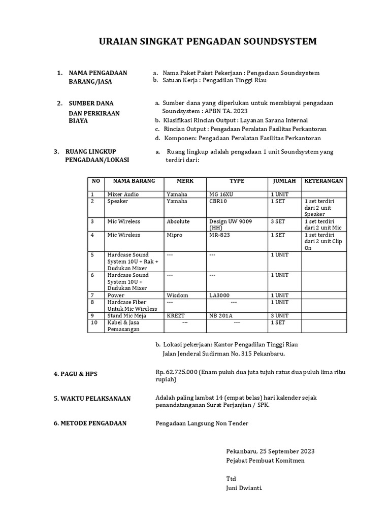 Pengadaan Soundsystem Pengadilan Riau | PDF