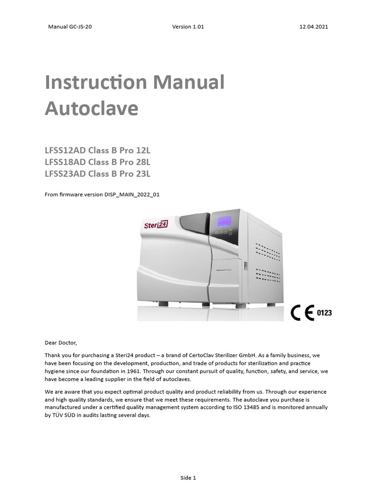 Steri24 User Class B Autoclave Pro Manual English V1 - 01 | PDF ... Steri24 User Class B Autoclave Pro Manual English V1 - 01 | PDF ...