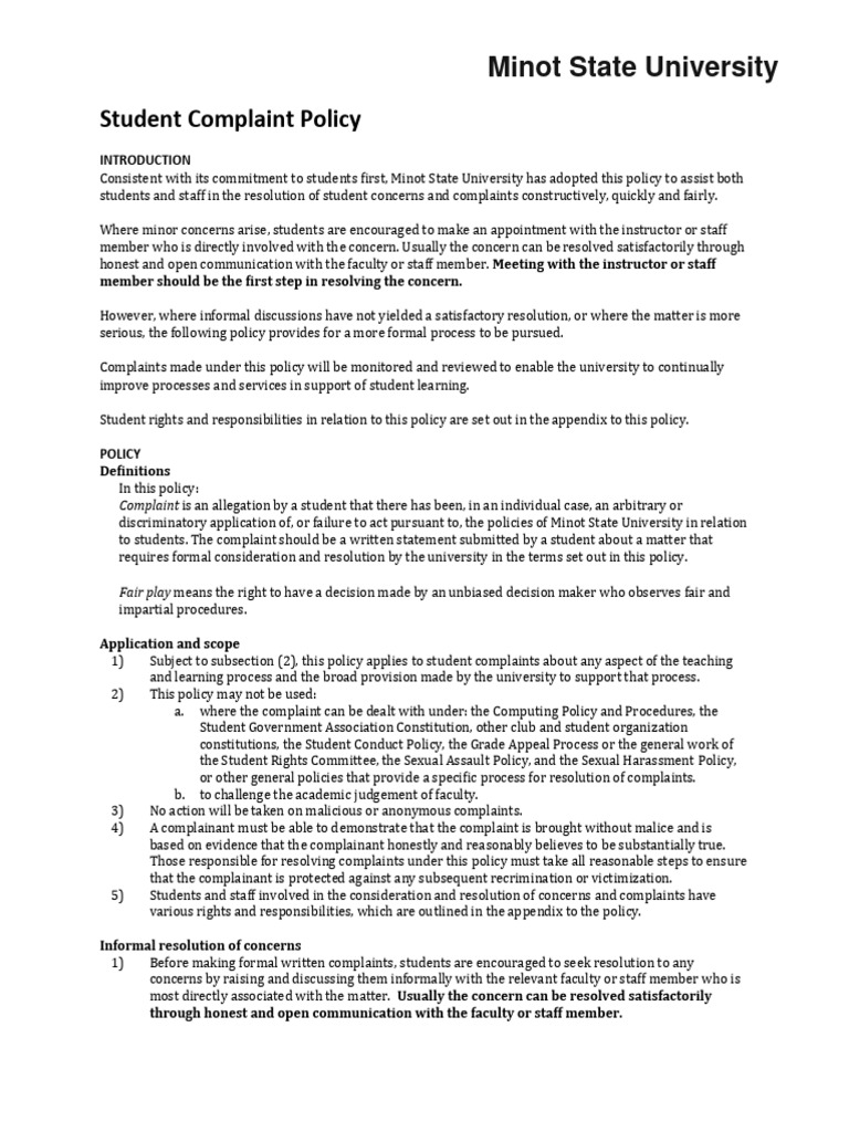 Student Complaint Policy - Minot State University | PDF | Complaint | Policy