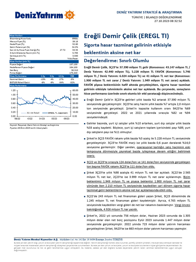 Deniz Yat R M Strateji Ve Ara T Rma EREGL 3 23 Bilan o de Erlendirme 4873 | PDF