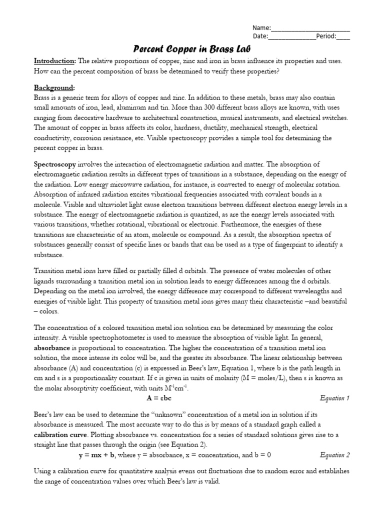 Percent Copper Analysis in Brass Lab | PDF | Electromagnetic Radiation ...
