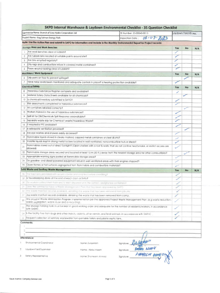 SH-Env-F036 Internal Warehouse Laydown Env Checklist-July-23 | PDF