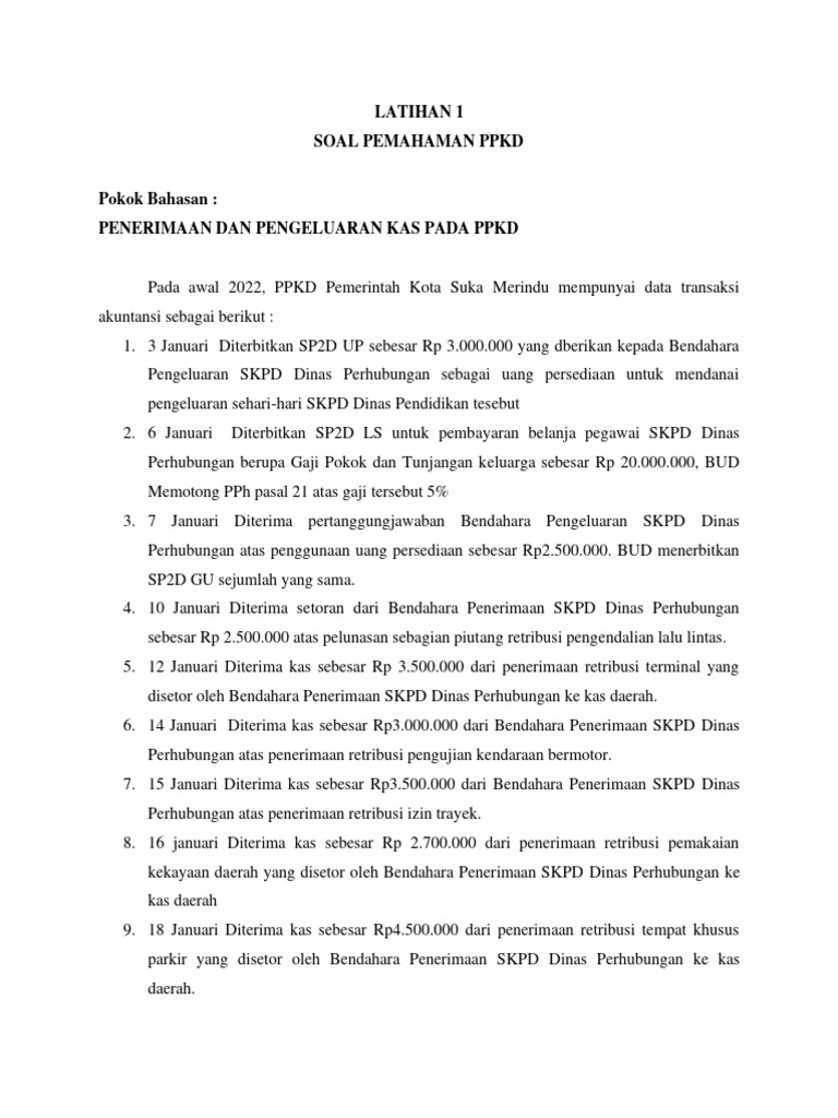 Latihan 1 - Soal Transaksi Penerimaan Dan Pengeluaran PPKD - Praktikum ASP | PDF