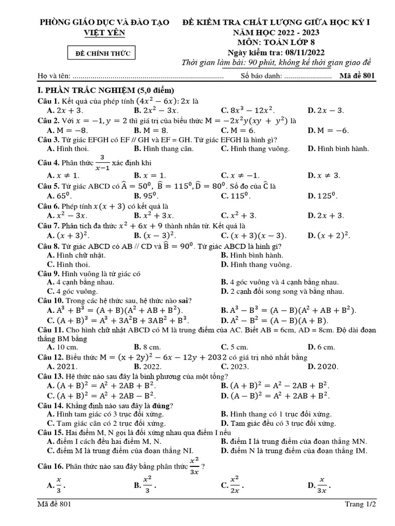 De Giua Hoc Ky 1 Toan 8 Nam 2022 2023 Phong GDDT Viet Yen Bac Giang | PDF