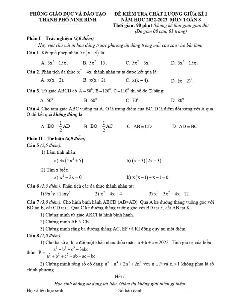 De Giua Ki 1 Toan 8 Nam 2022 2023 Phong GDDT Thanh Pho Ninh Binh | PDF