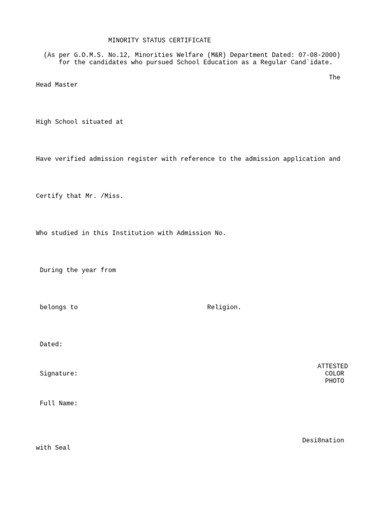 Format Minority Status Certificate | PDF