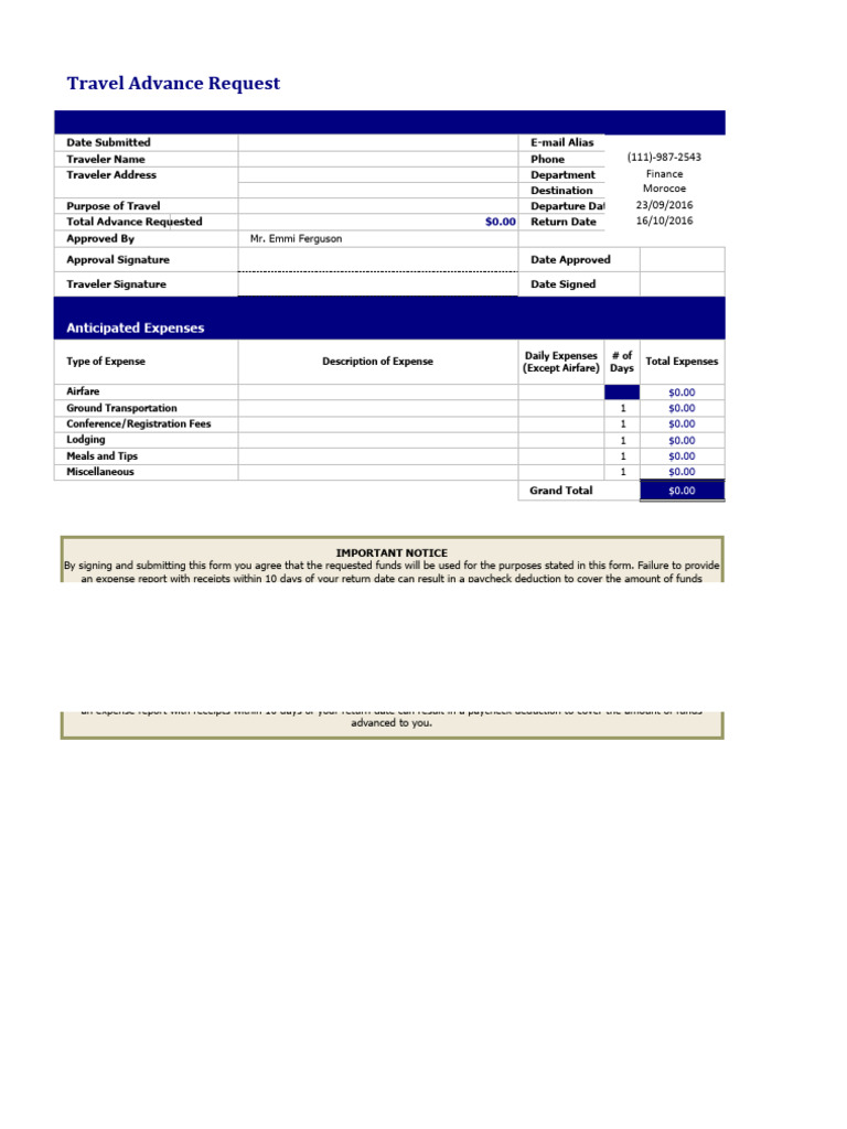 Travel Advance Request Form Template | PDF