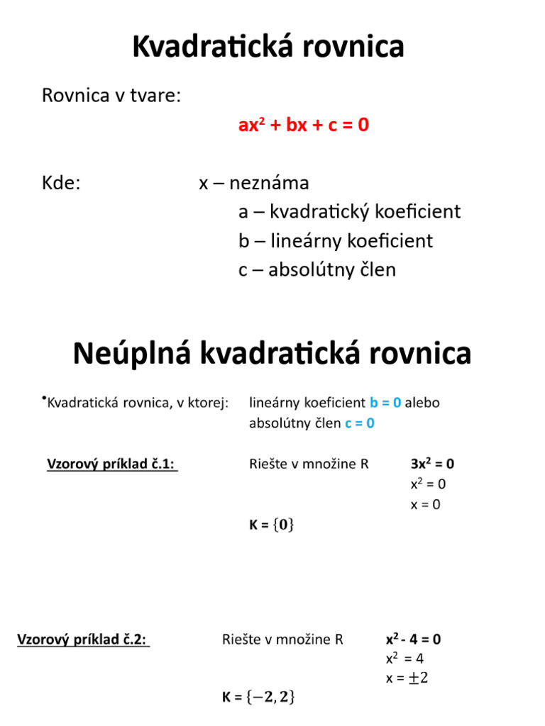 MAT II - 3.h. - Kvadratickã© Rovnice | PDF