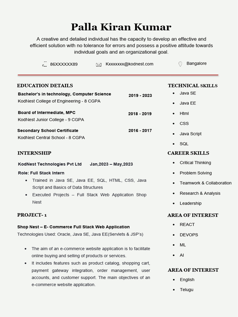 Kodnest Resume Template 1 Pdf Java Programming Language Computer Programming 
