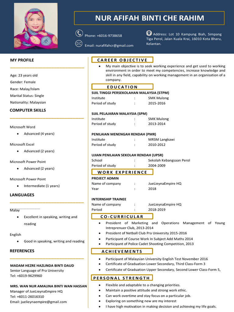 Resume-Nur Afifah Binti Che Rahim 2 | PDF | Malaysia | Student ...