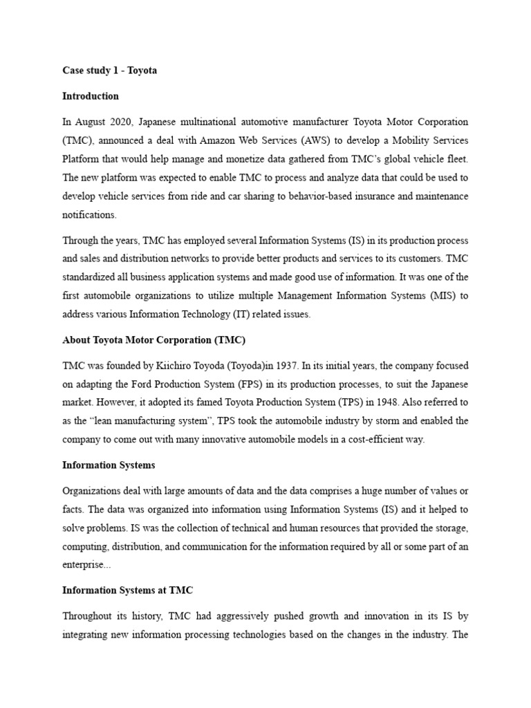 Case Study 1 Toyota Pdf Toyota Information