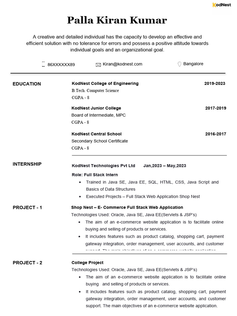 KodNest Resume Template - 2 (Logo) | PDF | Java (Programming Language) | E Commerce