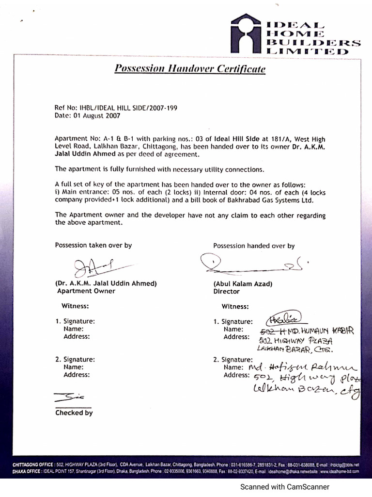 Handover Certificate | PDF