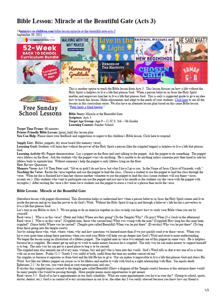 Bible Lesson Miracle at The Beautiful Gate Acts 3 | PDF | Jesus ...