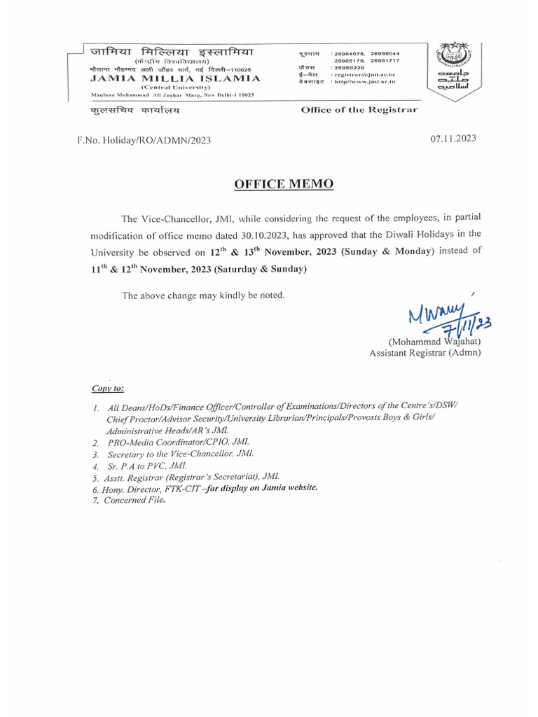 Office Memo Change in Date of Diwali Holidays-Reg. | PDF