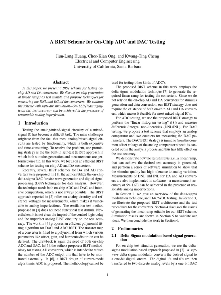 A BIST Scheme For On-Chip ADC and DAC Testing | PDF | Analog To Digital ...