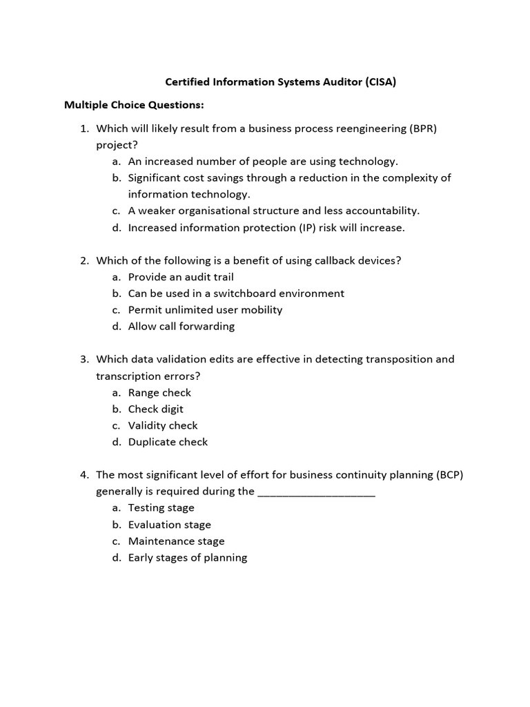 Certified Information Systems Auditor (CISA) - Mock Exam 4 | PDF | Public Key Cryptography ...