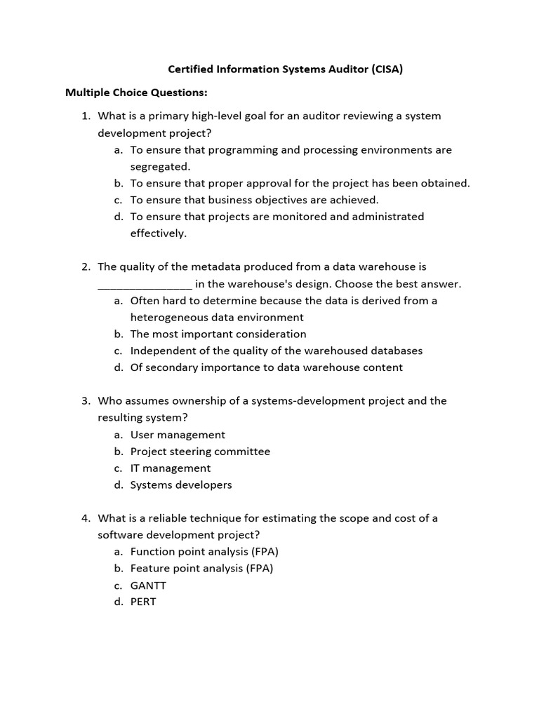 Certified Information Systems Auditor (CISA) - Mock Exam 5 | PDF ...