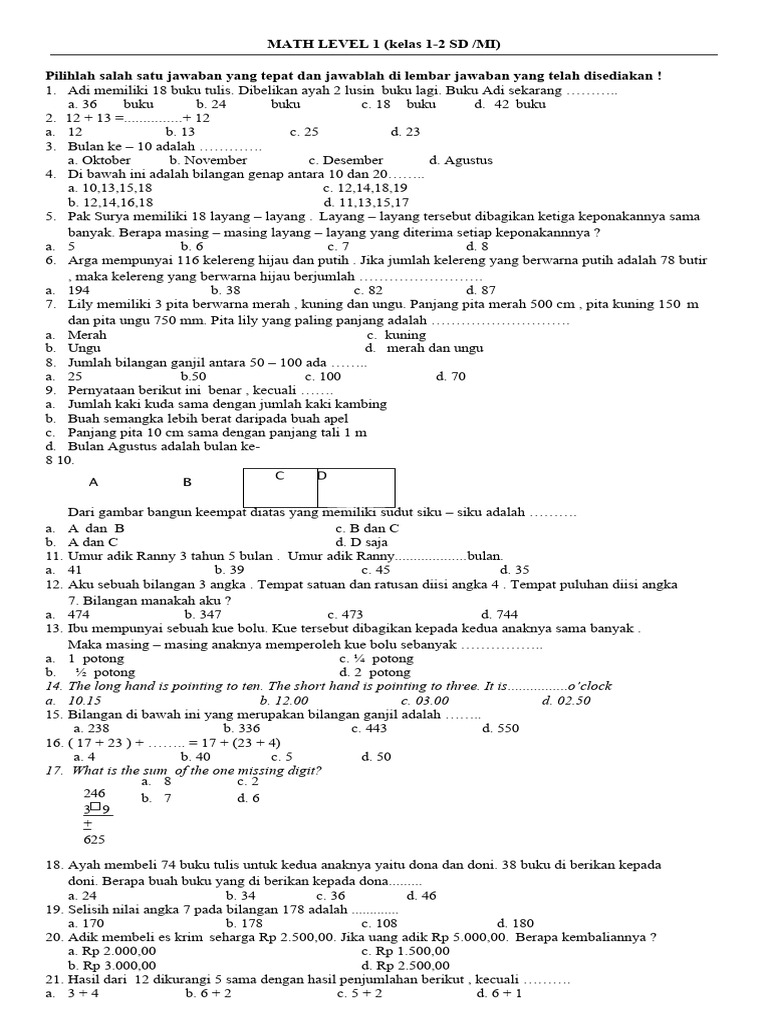 Soal Olimpiade Matematika SD Level 1 | PDF