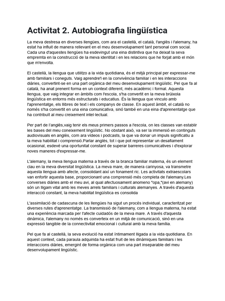 Activitat 2. Autobiografia lingüística (1) | PDF