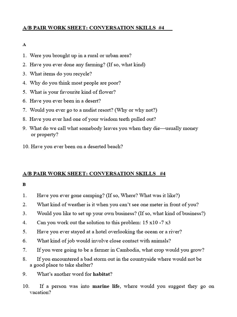 Ab Pair Work Sheet Conversation Skills | PDF