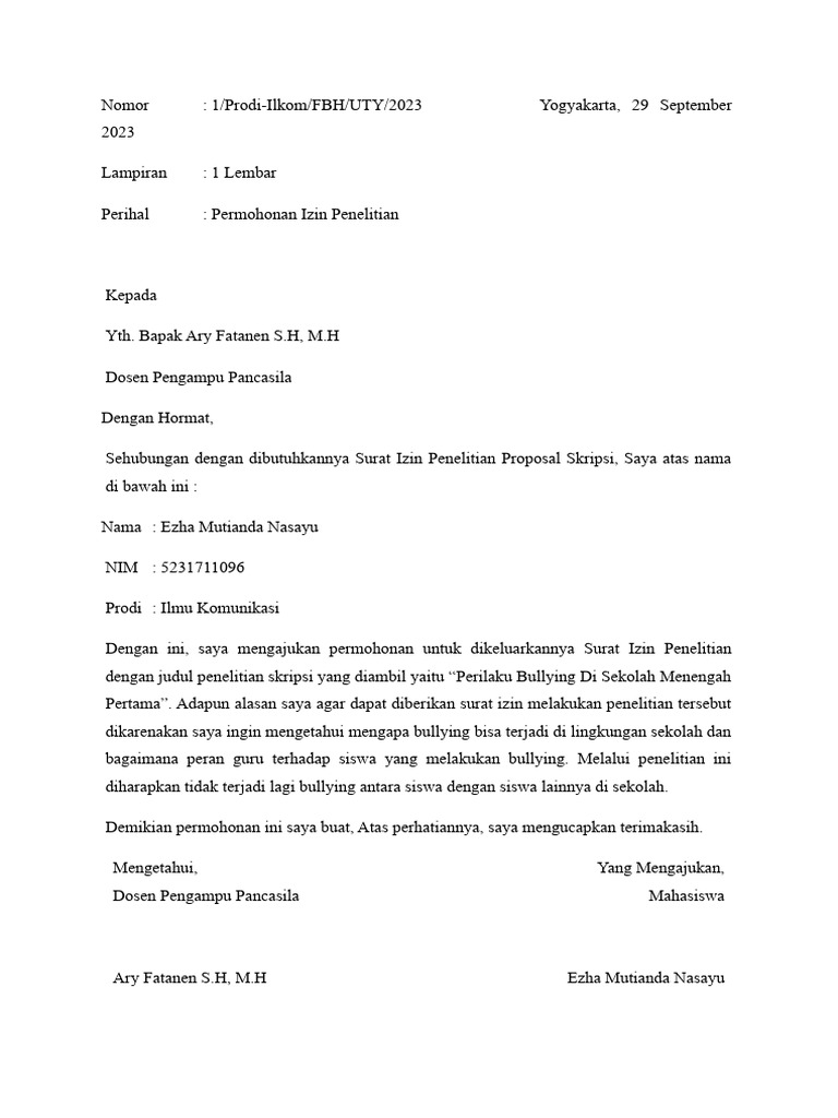 Surat Ijin Penelitian Tugas Akhir | PDF