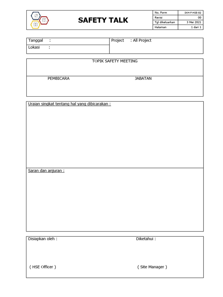 SKH F HSE 02 Form Safety Talk | PDF