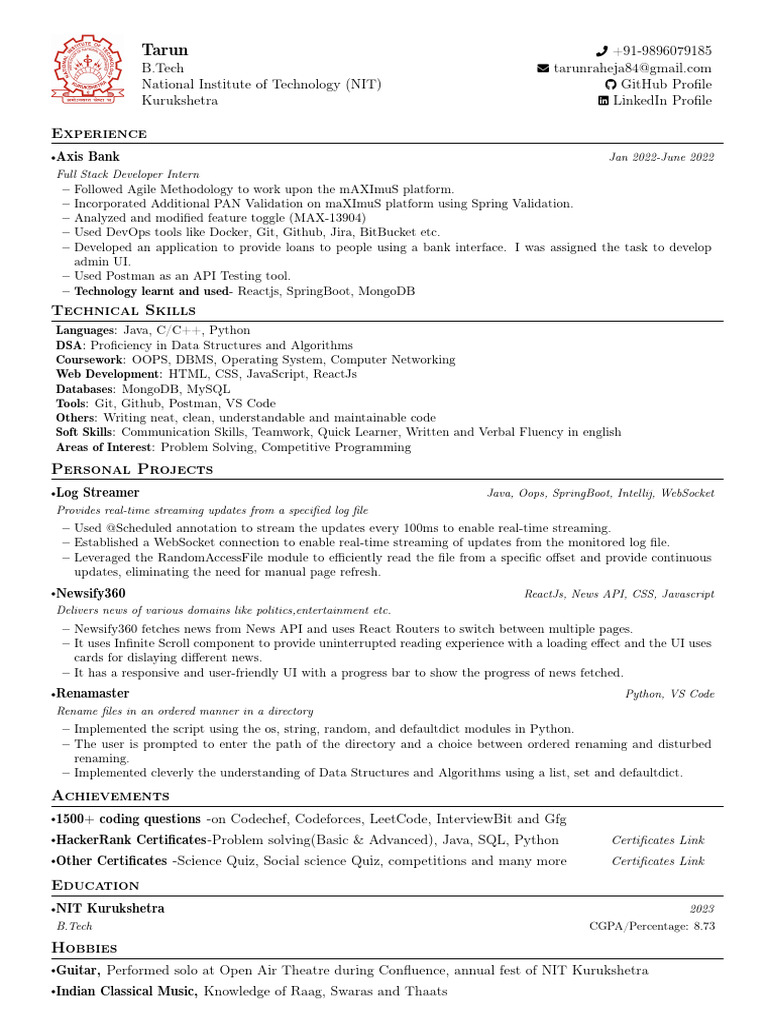 Tarun NIT Kurukshetra | PDF | Databases | Java Script