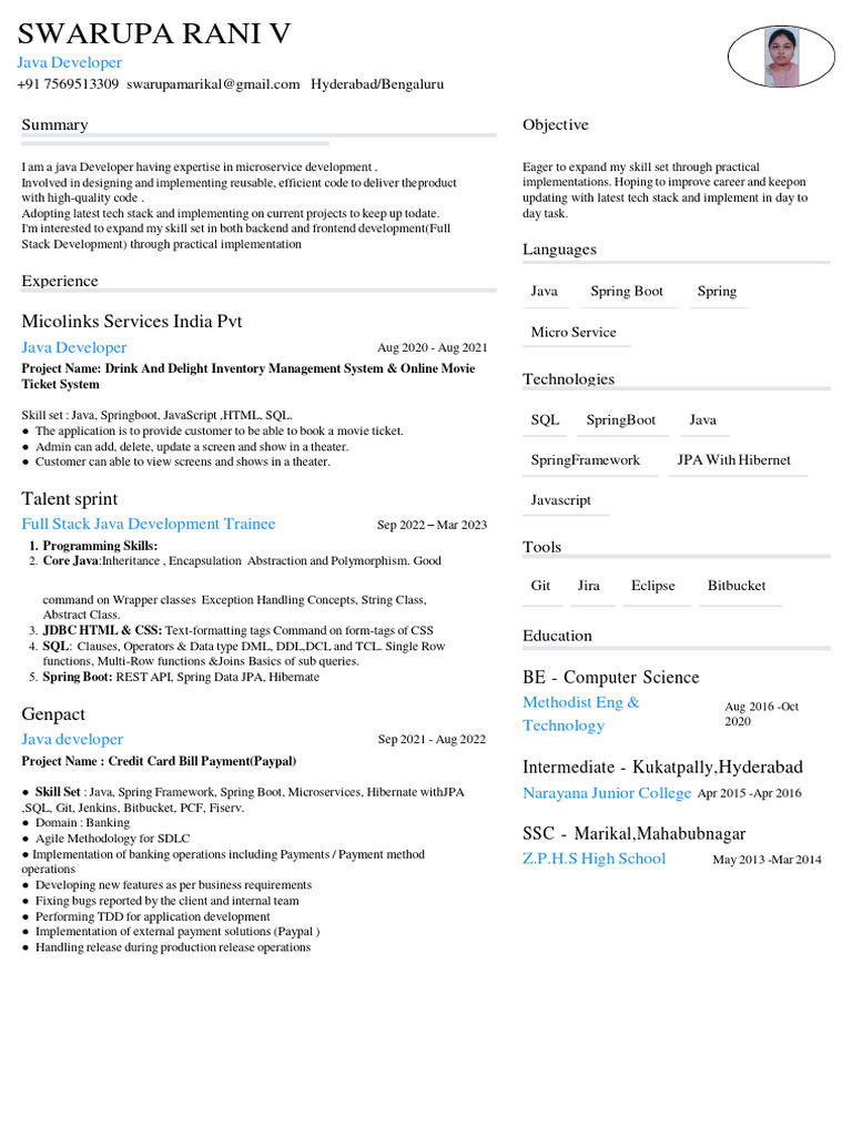 Swarupa Rani Resume+ | PDF | Spring Framework | Sql