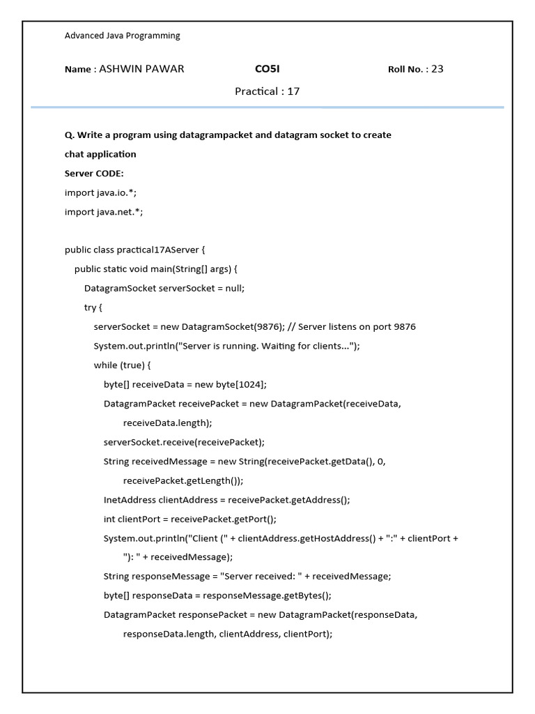 Ashwin Pawar 23 Practical: 17: Name: Roll No. | PDF | Computer Programming | Computer Networking