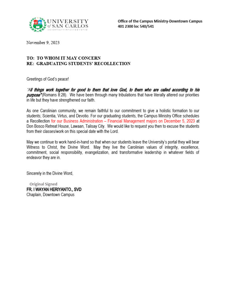Excuse Letter for Student Recollection | PDF
