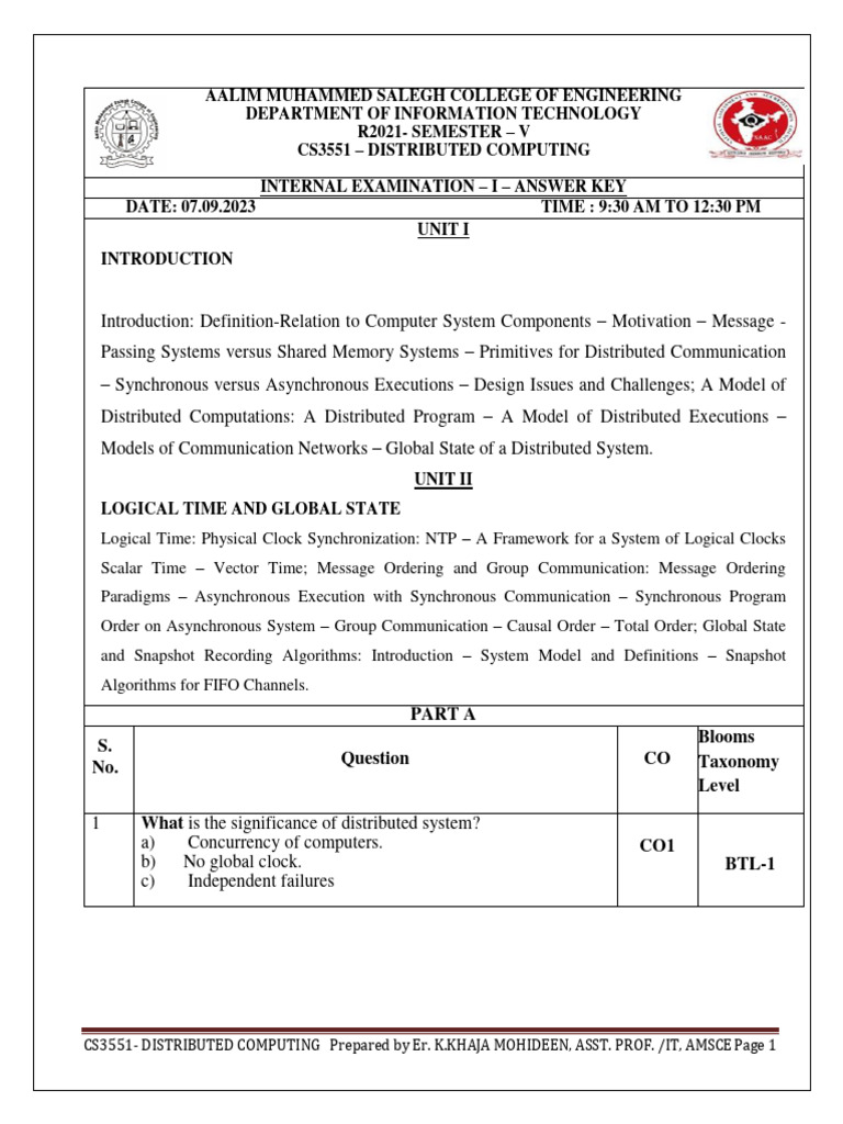 CS3551 DC - Int - I - Answer Key 7.9.23 | PDF | Distributed Computing | Message Passing