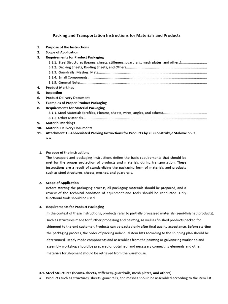 Packing and Transportation Instructions | PDF | Packaging And Labeling ...