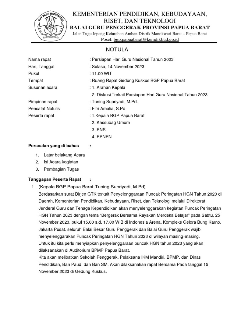 Notula Rapat 14 Nov 2023-Persiapan HGN Tahun 2023 | PDF